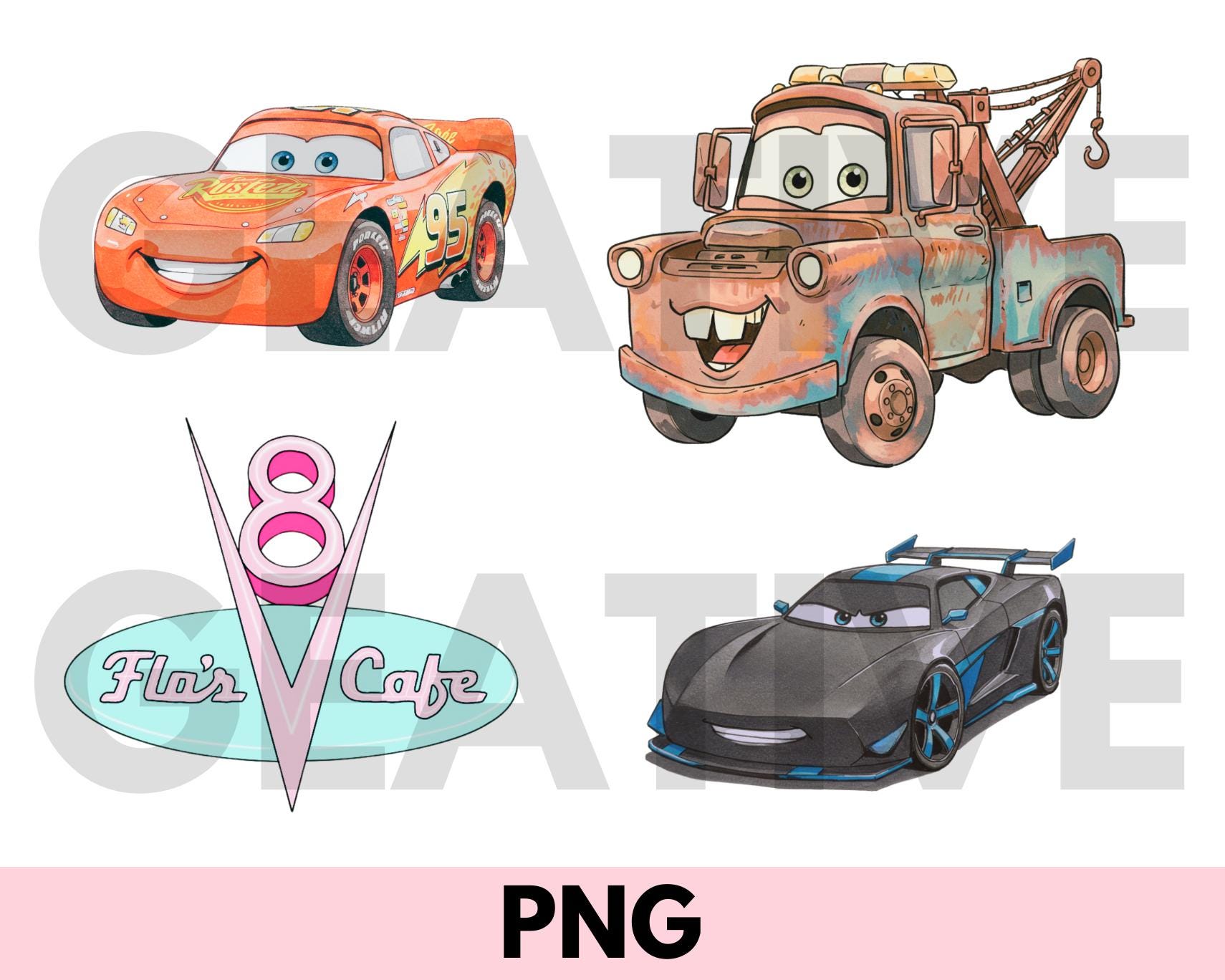 Cars Watercolor Clipart: Lightning Mcqueen, Mater (8 Digital Pngs) - Etsy