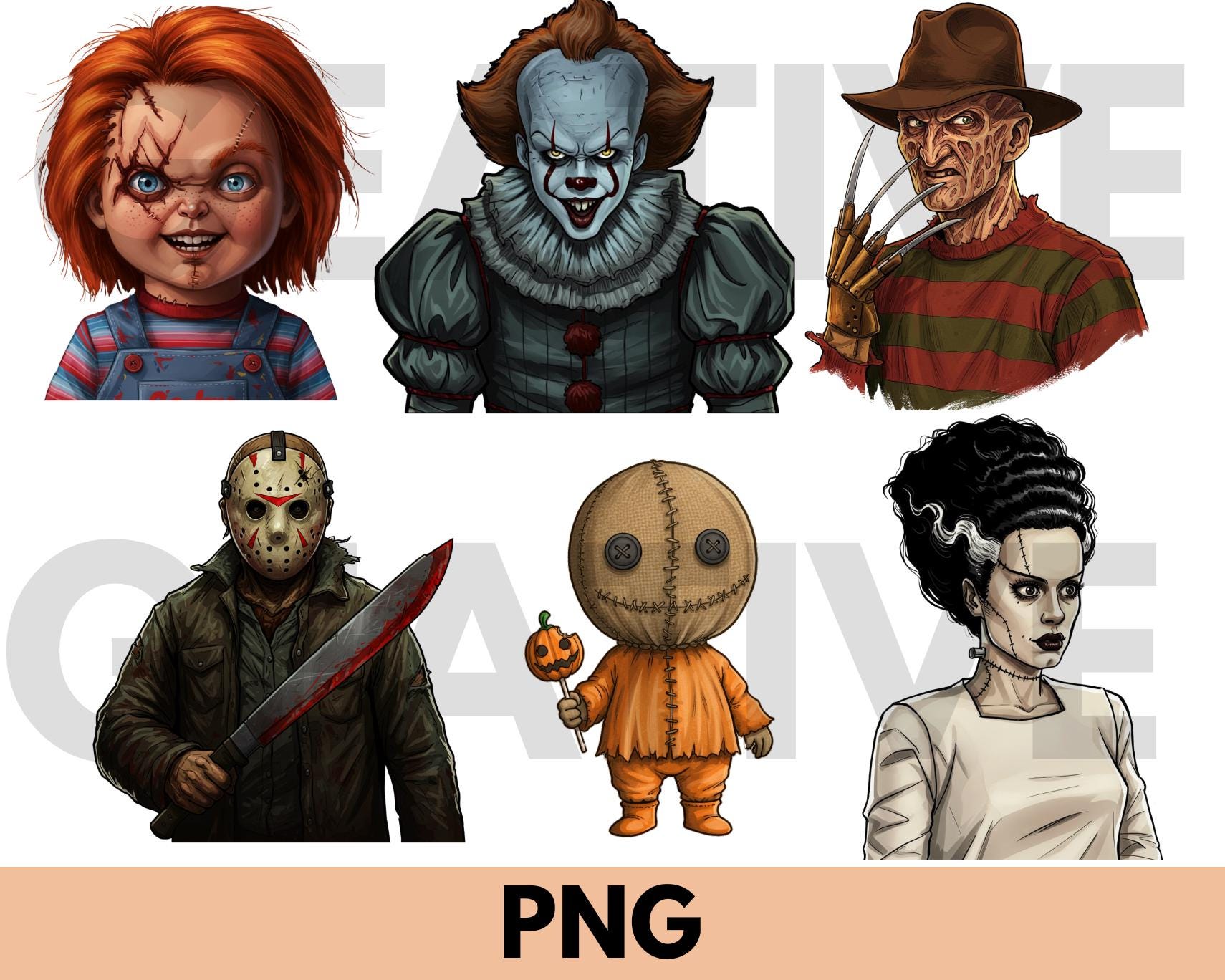 Horror Movie Icons PNG Bundle | Hand Drawn Semi-realistic Digital ...