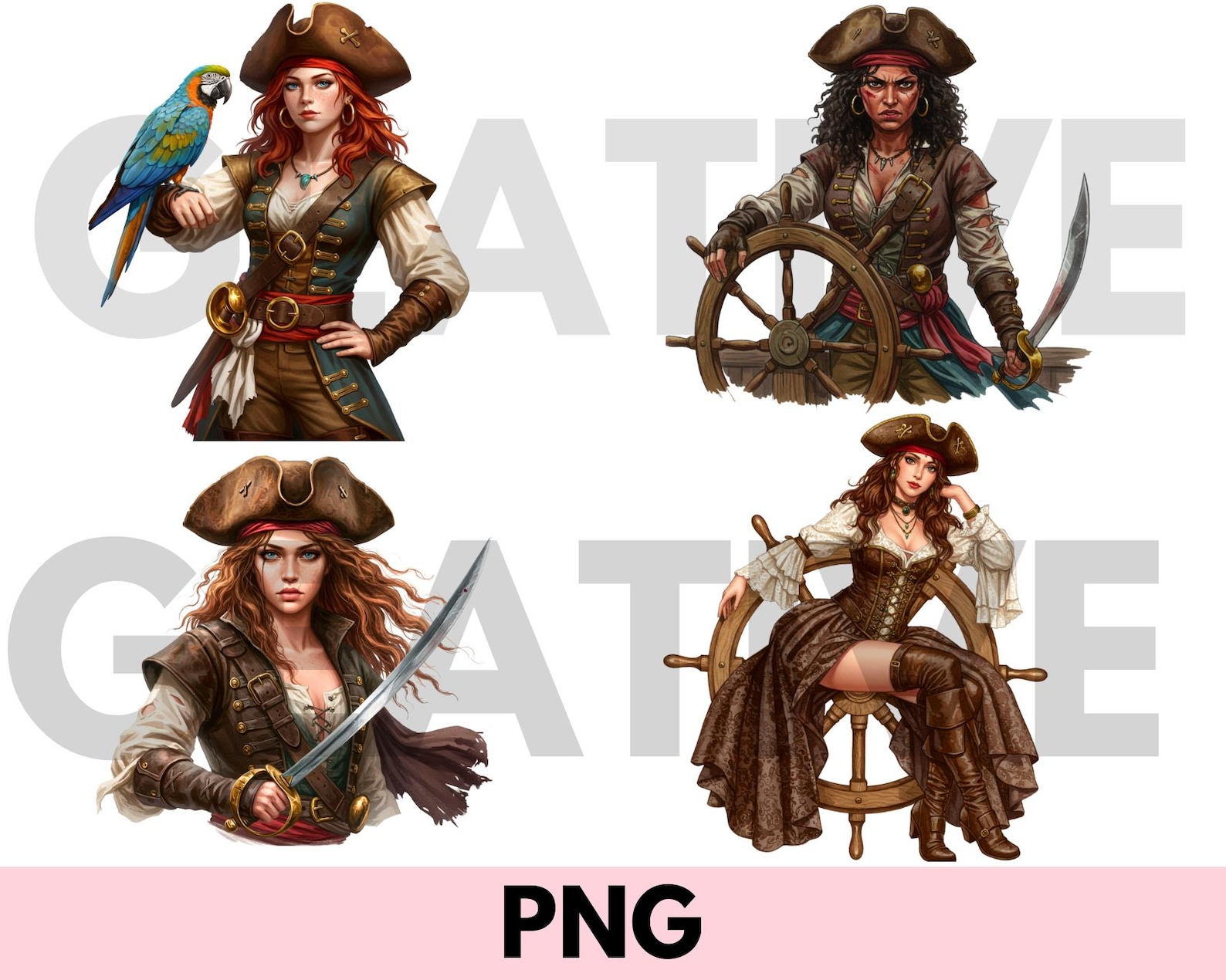 Watercolor Pirate Women Clipart: Renaissance Nautical PNG Bundle ...