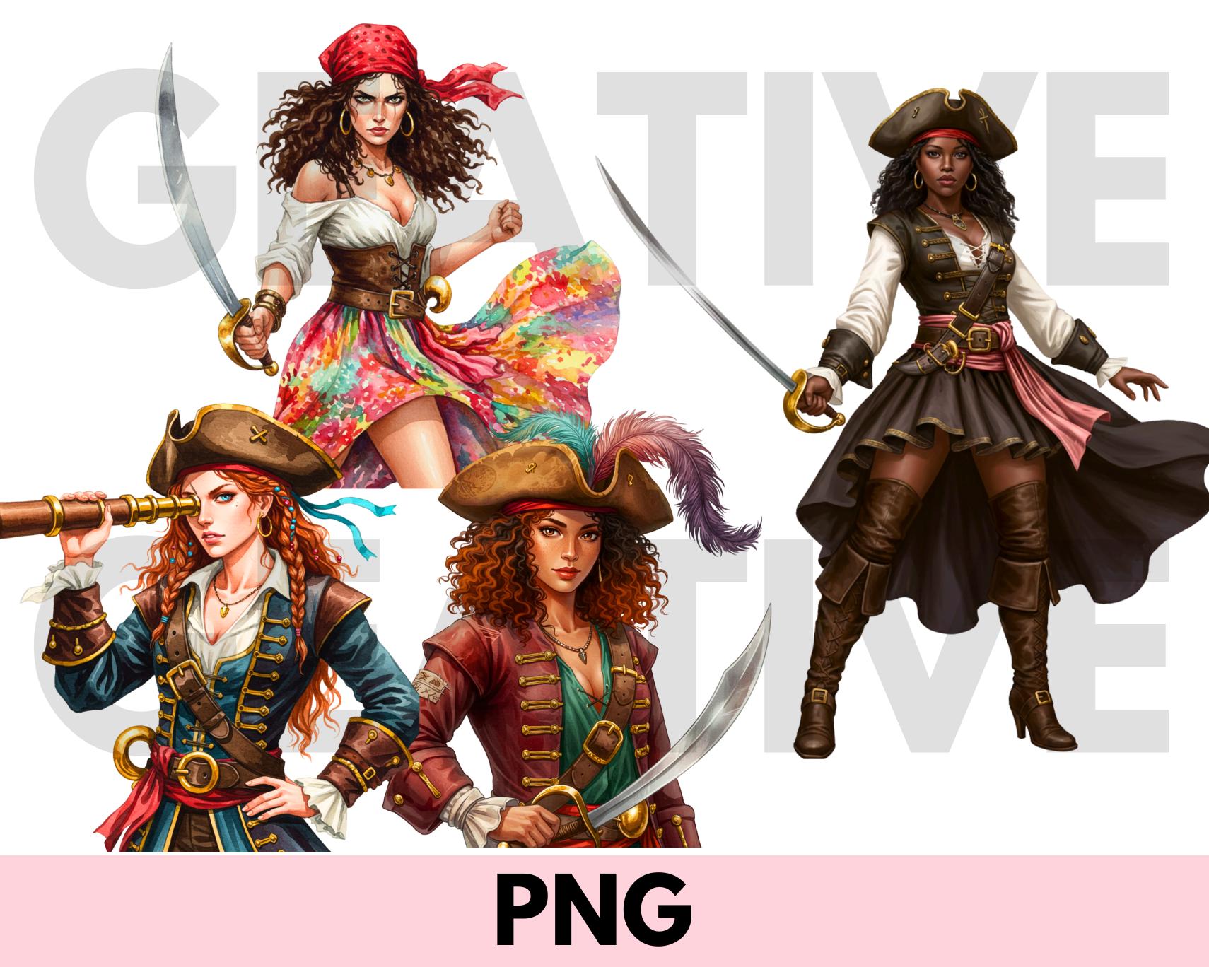 Watercolor Pirate Women Clipart: Renaissance Nautical PNG Bundle ...