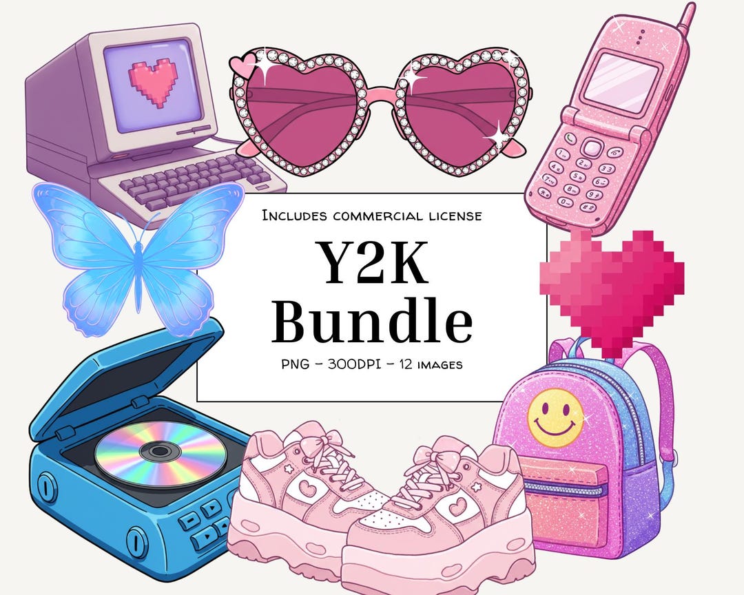 Y2K Clipart PNG Bundle: Pink Smiley Faces, Butterfly Icons (digital ...