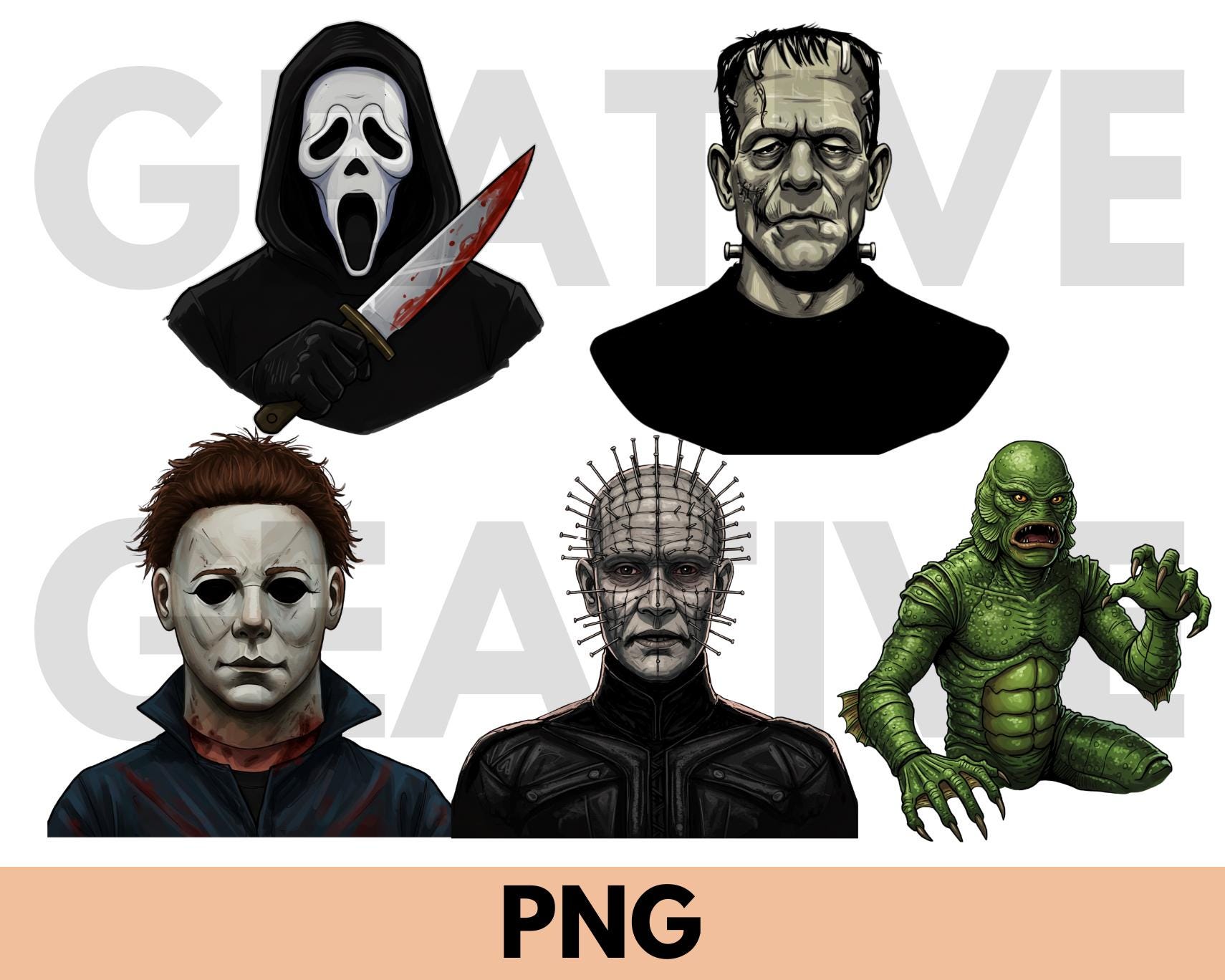 Horror Movie Icons PNG Bundle | Hand Drawn Semi-realistic Digital ...