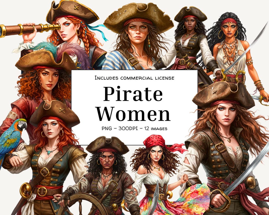 Watercolor Pirate Women Clipart: Renaissance Nautical PNG Bundle ...