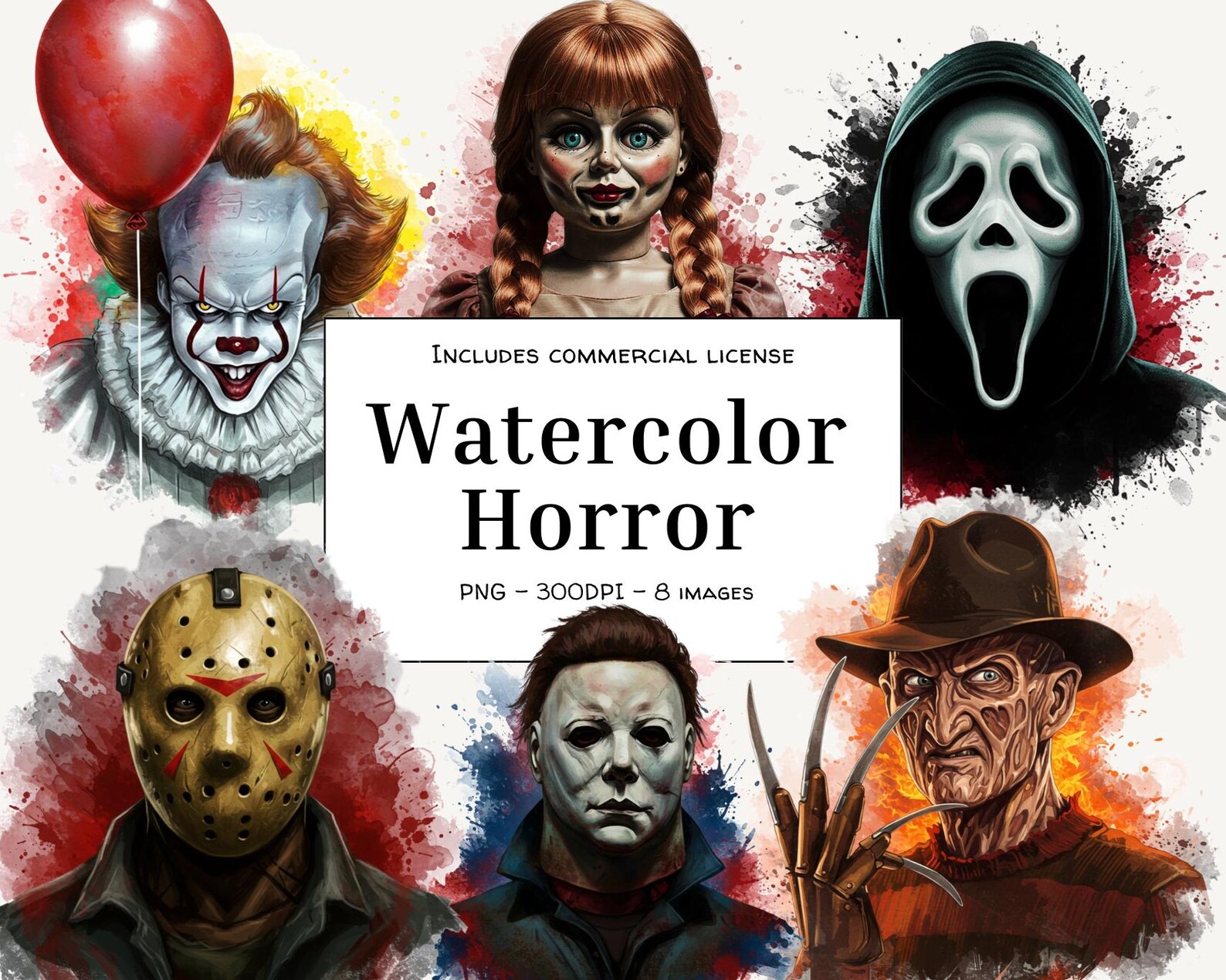 Horror Icons Watercolor Clipart Bundle: Scary Movie PNG (digital ...