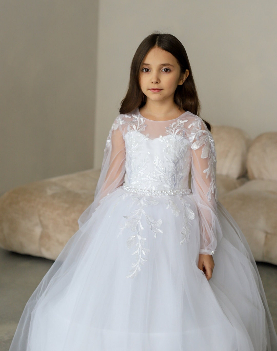 White Lace First Communion Dress: Long Puffy Sleeve Tulle Gown - Etsy