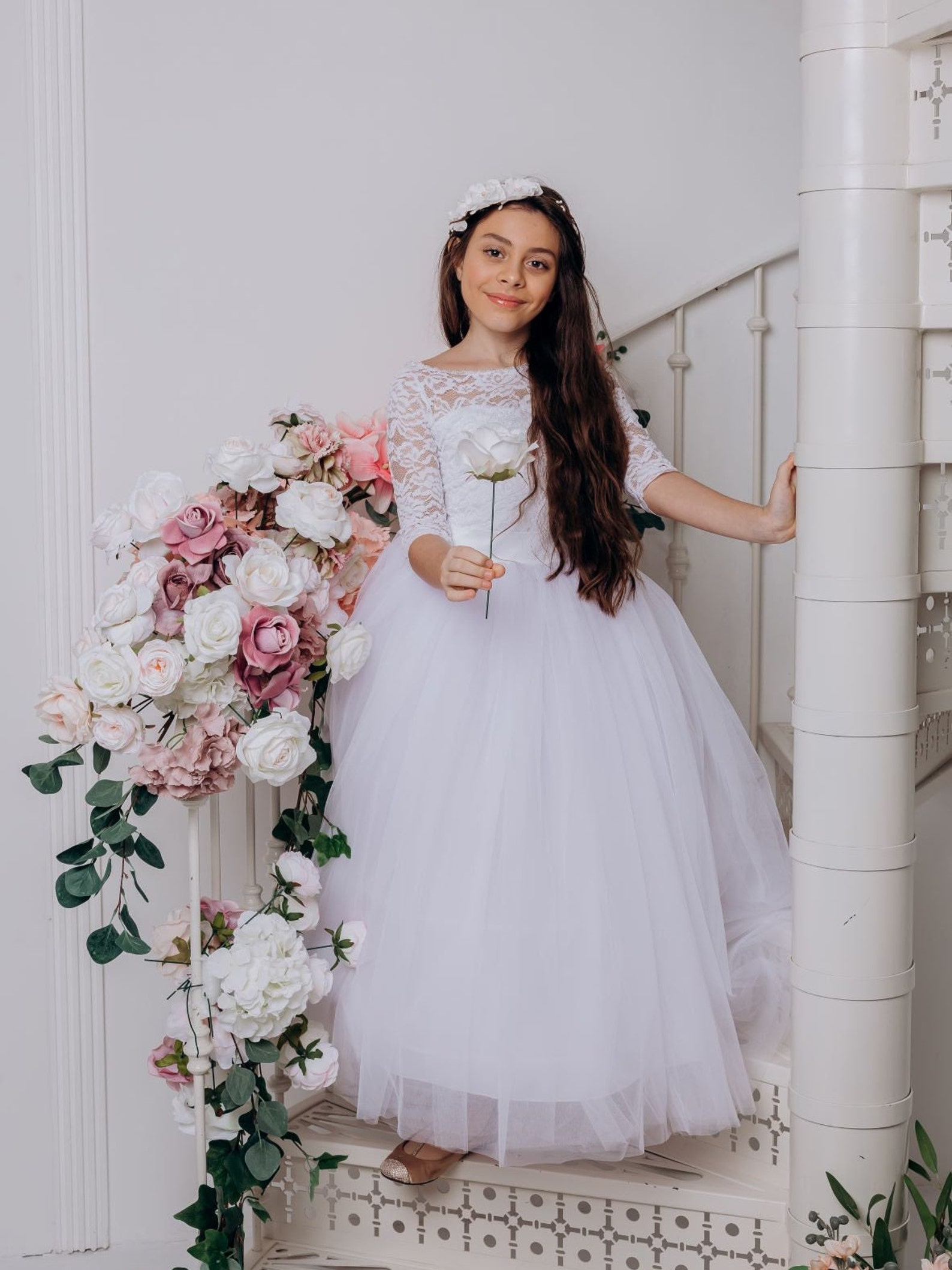 White Lace First Communion & Baptism Dress, Flower Girl Dress, Wedding ...