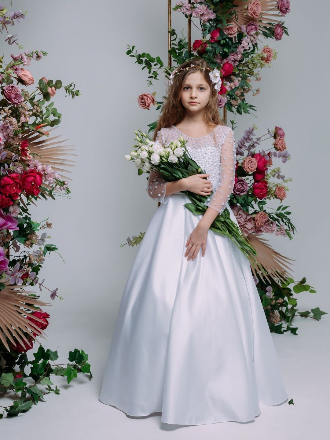 First Communion & Baptism Dress, Satin Flower Girl Dress, Wedding Guest ...