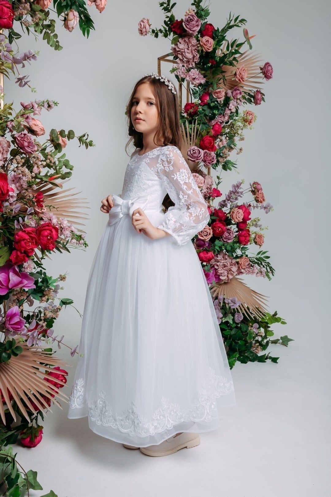 White Lace First Communion & Baptism Dress, Flower Girl Dress, Wedding ...