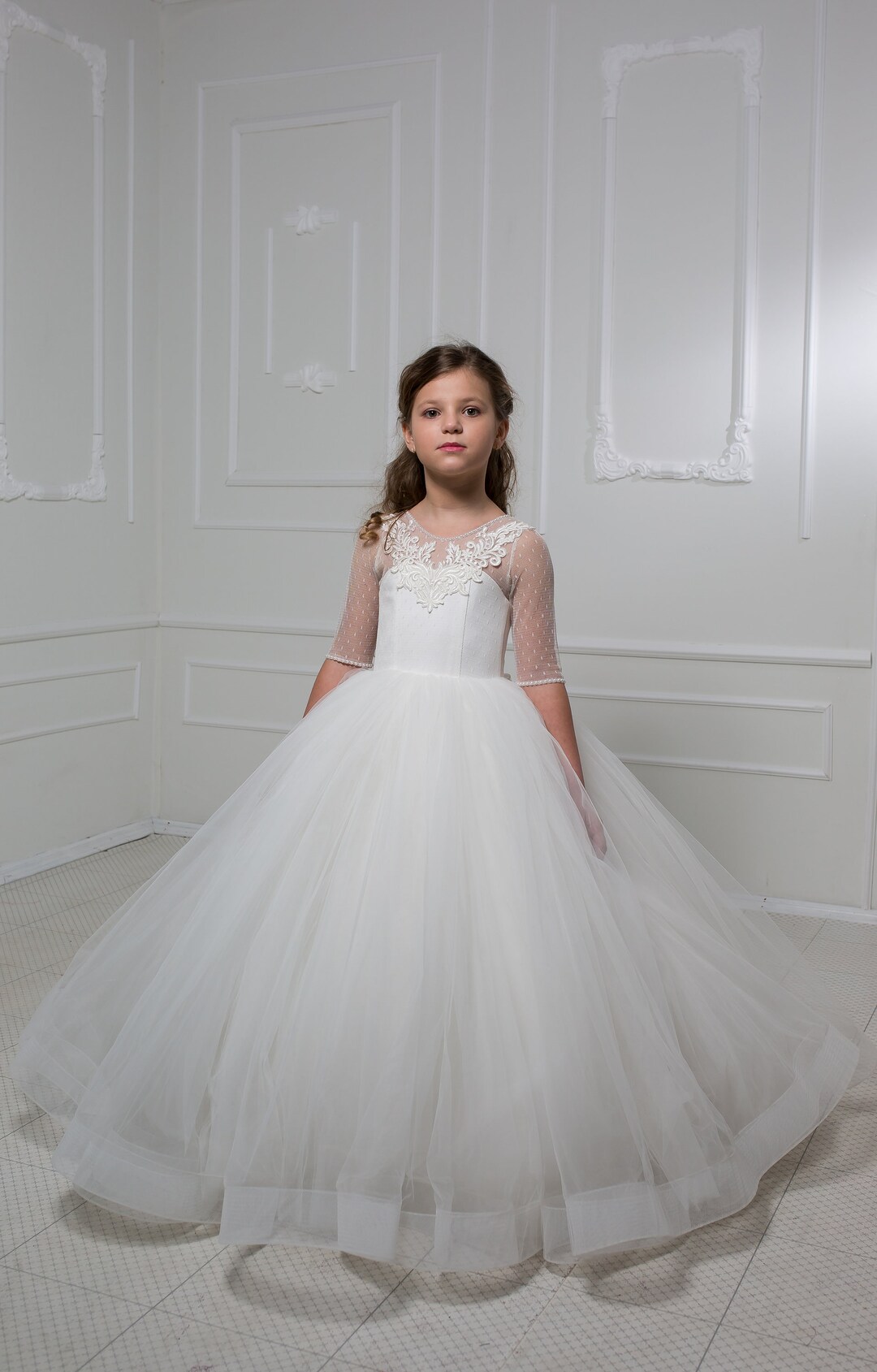 White Lace First Communion & Baptism Dress, Flower Girl Dress, Wedding ...