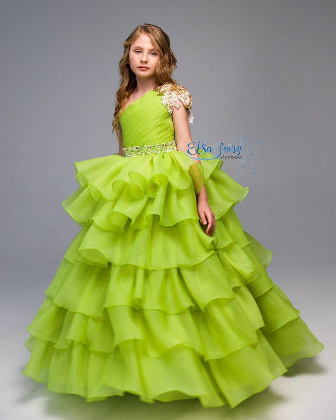 Green Pageant Girl Dress With Beaded Shoulders and Waist, Flower Girl ...