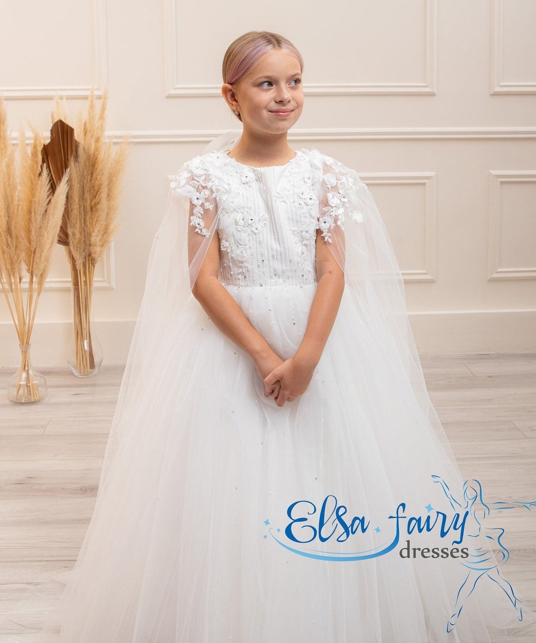 White Lace Communion Dress With Cape: Tulle Flower Girl Gown - Etsy