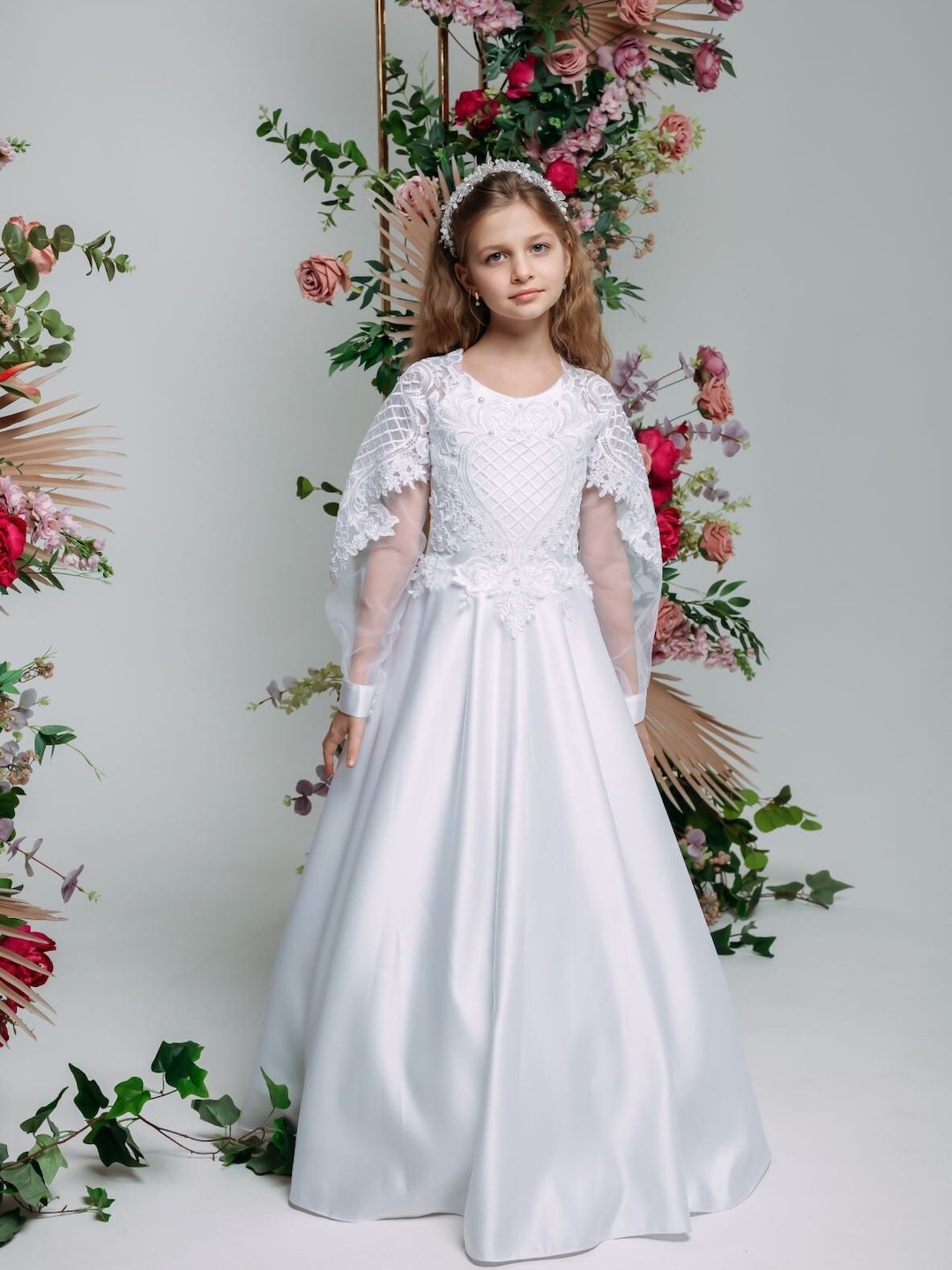 First Communion & Baptism Dress, Satin Flower Girl Dress, Wedding Guest ...