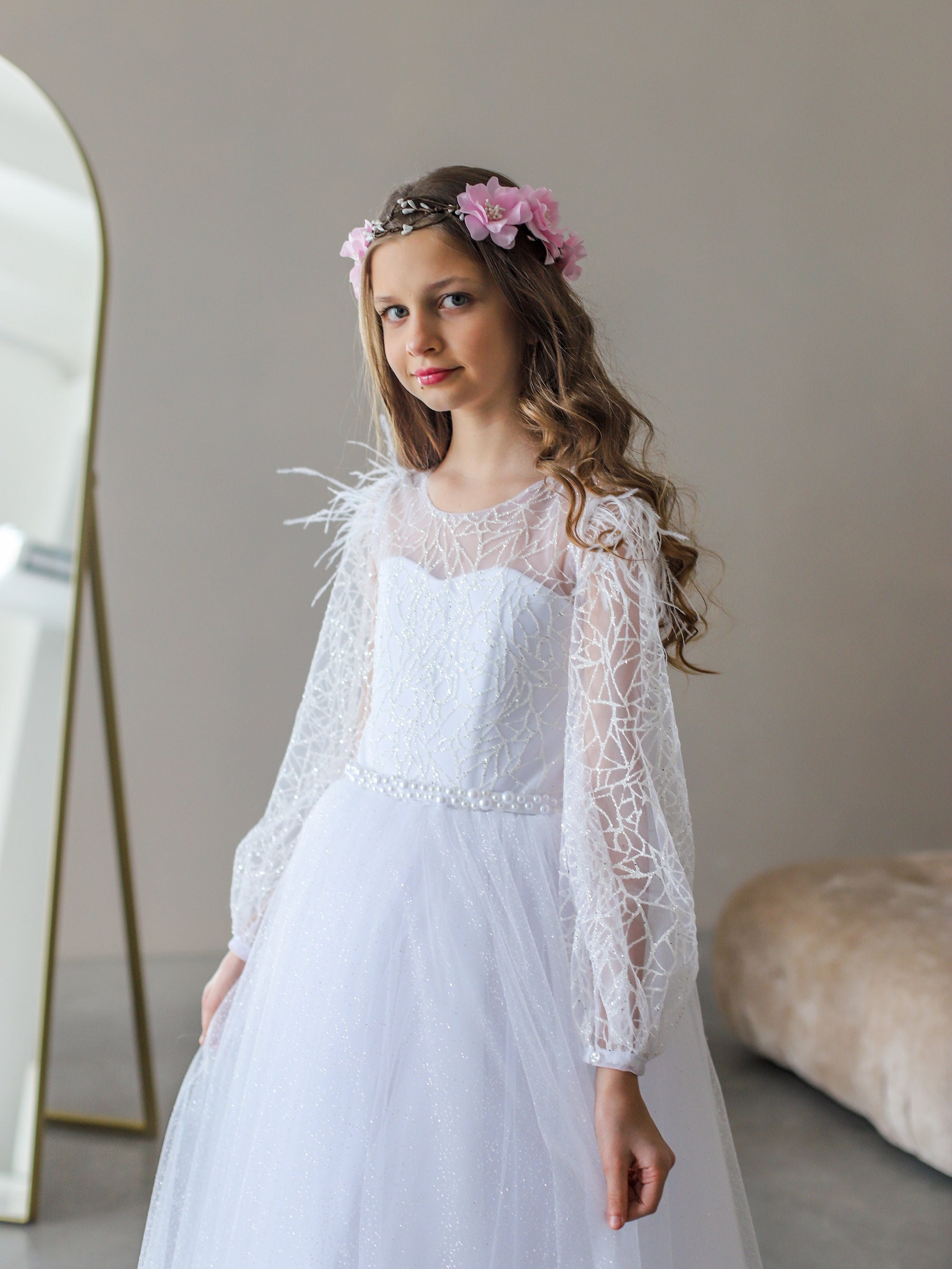 White Lace First Communion Dress Long Puffy Sleeve, Flower Girl Dress ...