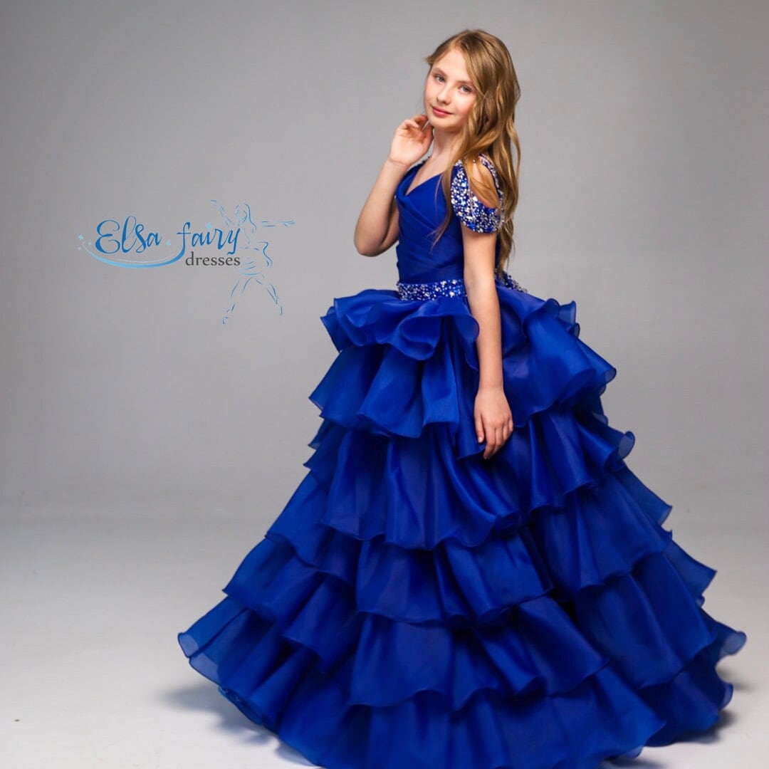 Royal Blue Pageant Girl Dress With Beaded Shoulders and Waist, Flower ...