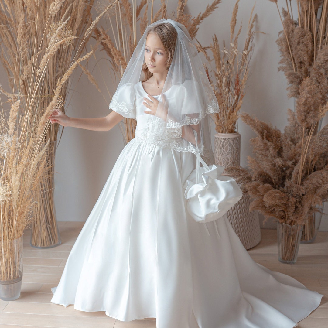 Veil for First Communion Girl Dress, Baptism Satin Girl Dress, Lace ...