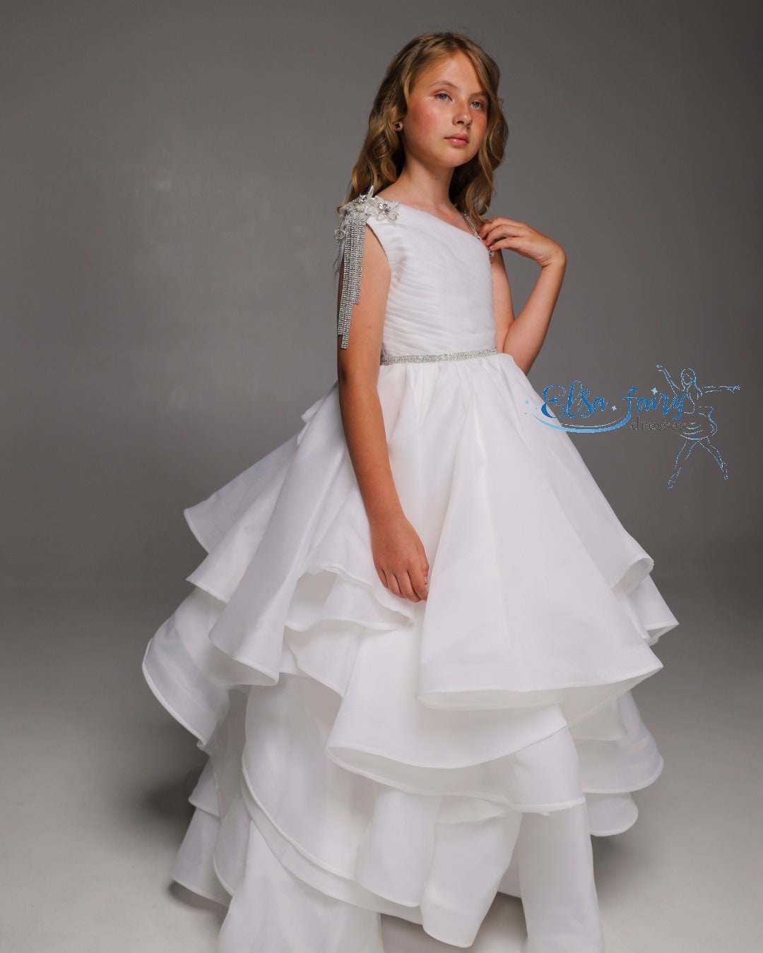 White Pageant Evening Gown With Wings, Flower Girl Dress, Long Formal ...