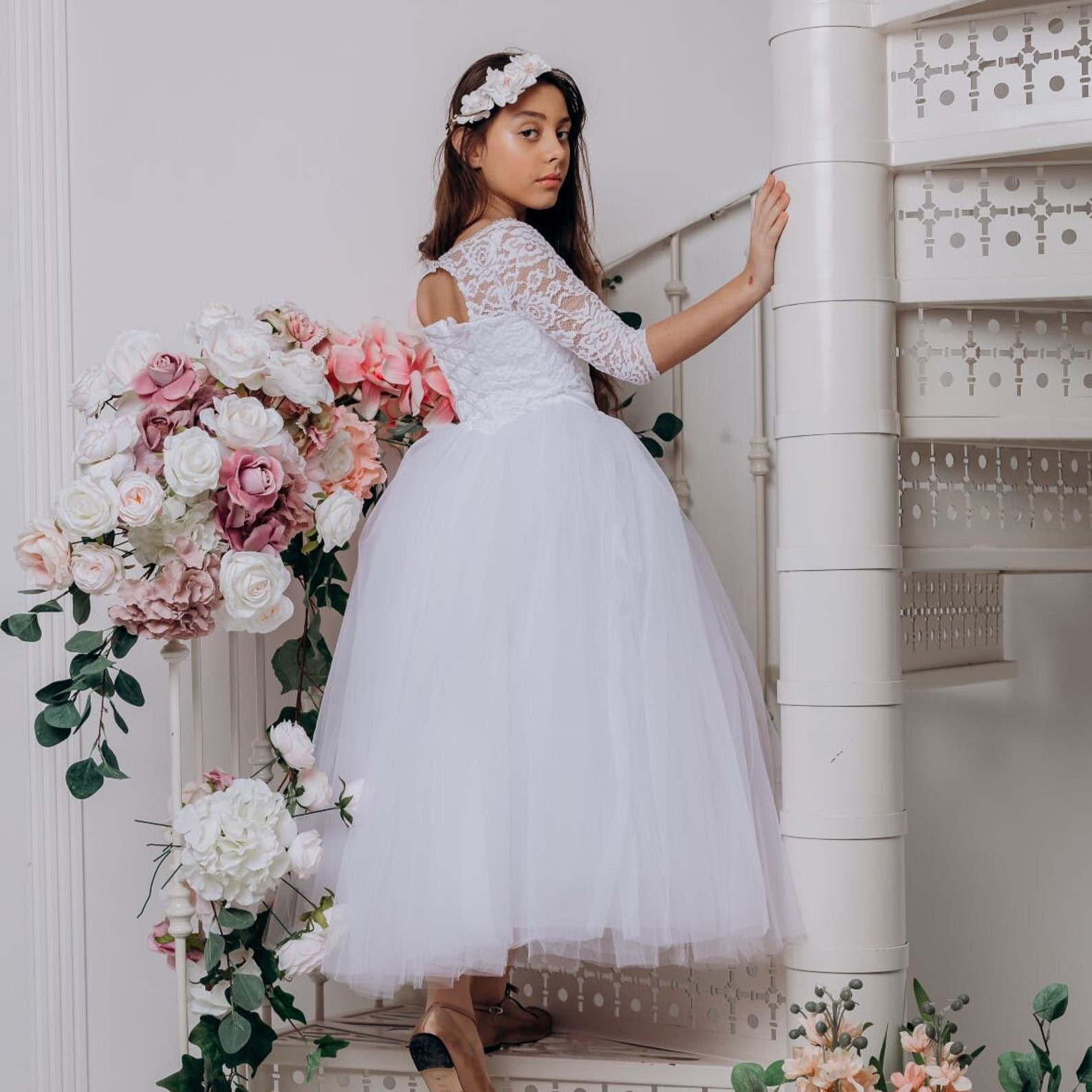 White Lace First Communion & Baptism Dress, Flower Girl Dress, Wedding ...