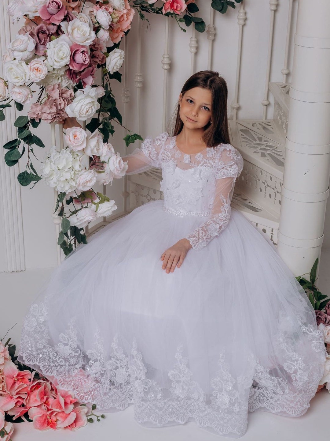 White First Communion Girl Dress, Baptism Tulle Girl Dress, Long ...