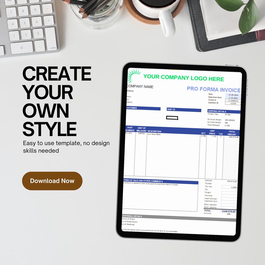Proforma Invoice Template | Excel Format | Auto-calculating and ...