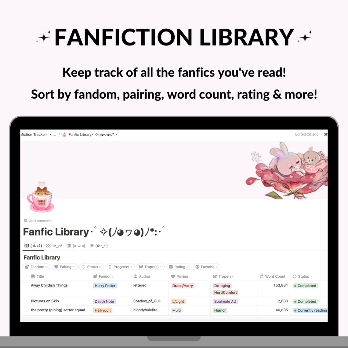Kawaii Aesthetic Notion Template Fanfiction Tracker - Etsy Canada