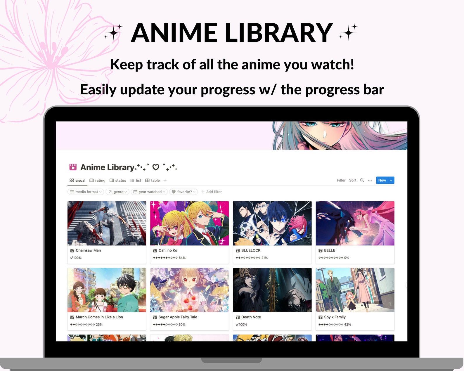 Anime Tracker Notion Template | Kawaii Pink Aesthetic Notion Template ...