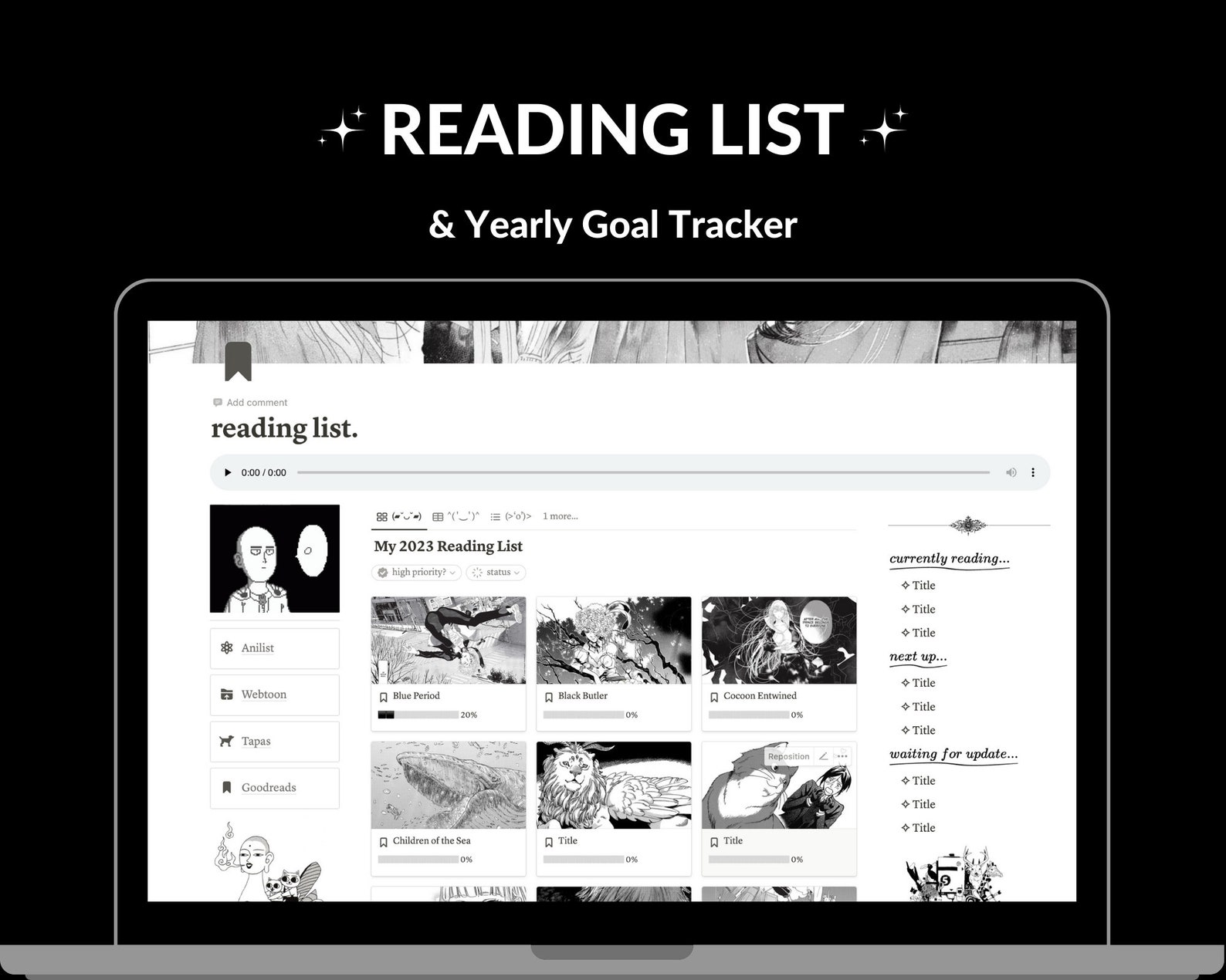 Manga Tracker Notion Template | Monochrome Aesthetic Notion Template ...