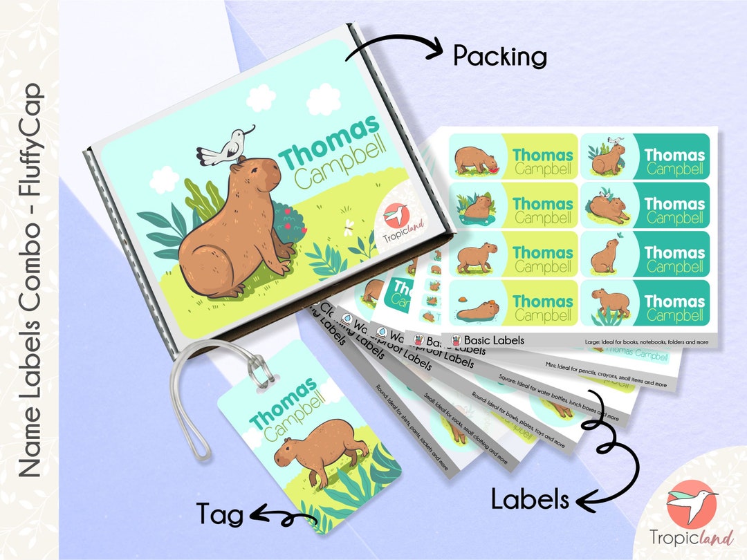 Fluffycap | Name Labels Combo | Capybara | Personalized Pack of Basic ...