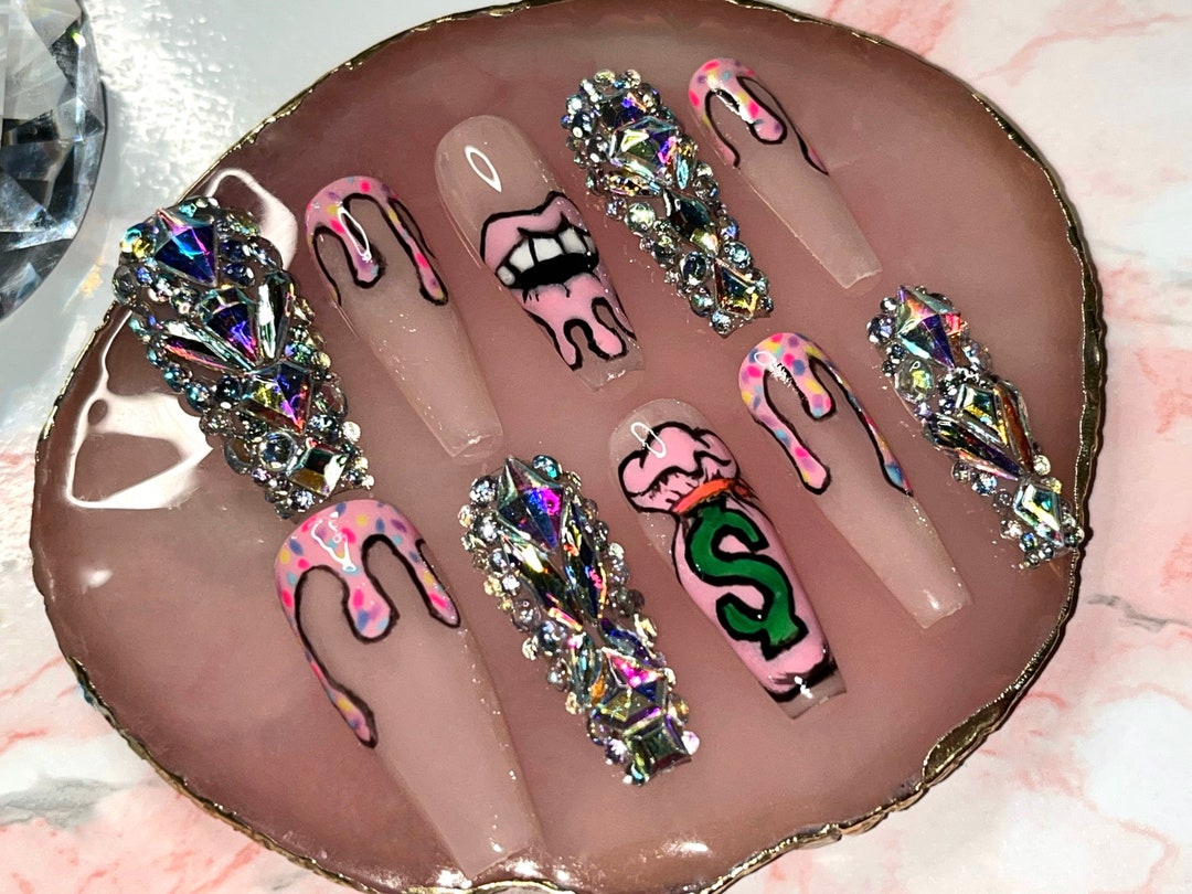Graffiti Nails With Crystal Rhinestones Press on Nails - Etsy