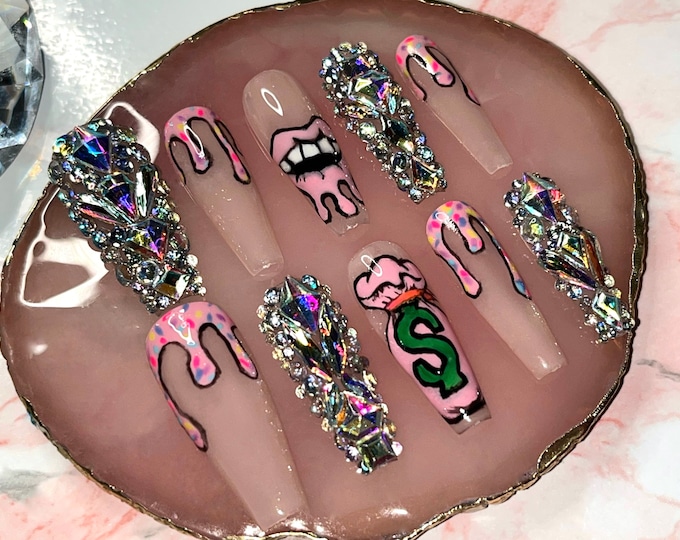 Graffiti Nails With Crystal Rhinestones | Press on Nails Coffin | Pink ...