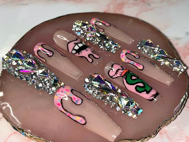 Graffiti Nails With Crystal Rhinestones Press on Nails - Etsy