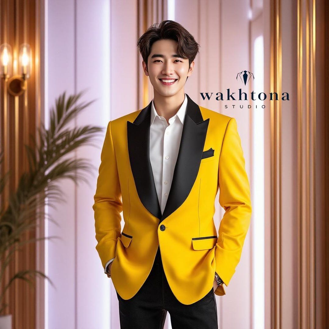 Men's Mustard Yellow Tuxedo Suit -2 Piece Elegance With Black Satin ...