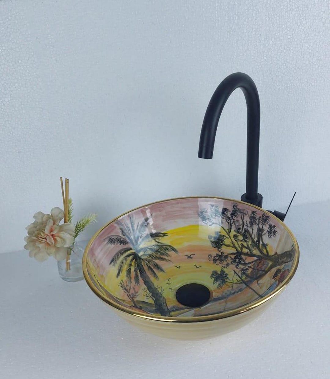 Hand Painted Ceramic and Gold Trim Sink With Scenic Design - Etsy