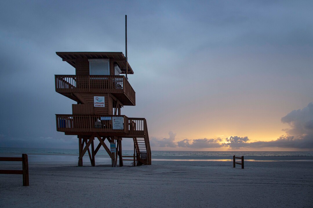Lifeguard Tower at Sunset on Holmes Beach in Florida as a Glossy Print ...