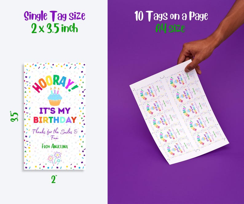 Editable Rainbow Birthday Favor Tag, Confetti Cupcake Design, Canva ...
