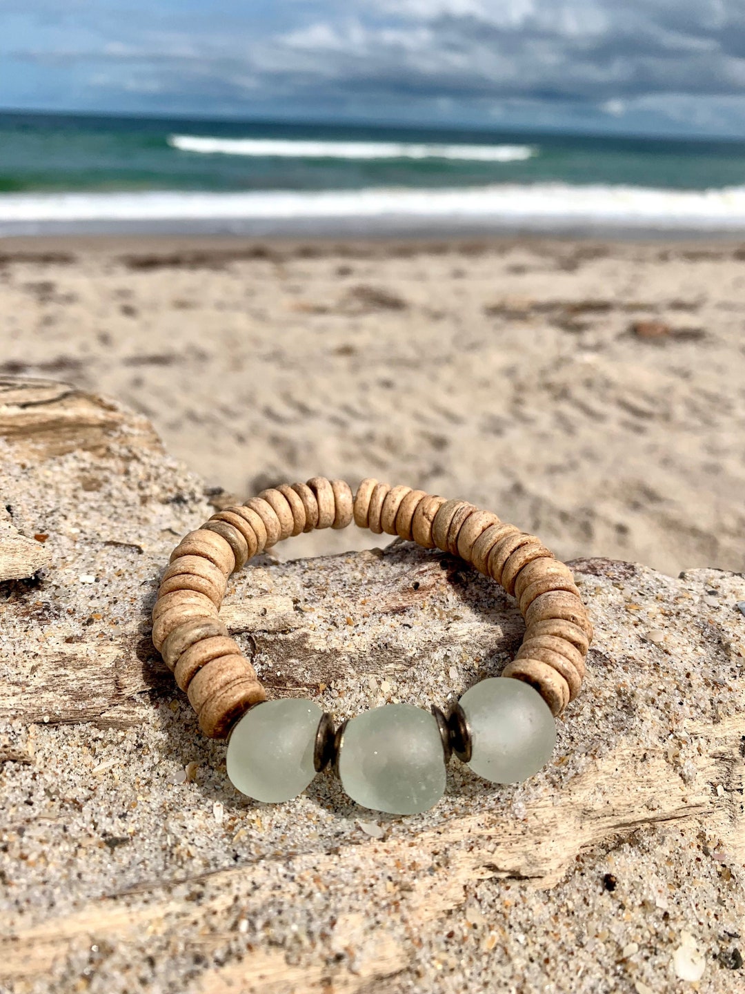 Sea Glass and Coconut Shell Bracelet - Etsy