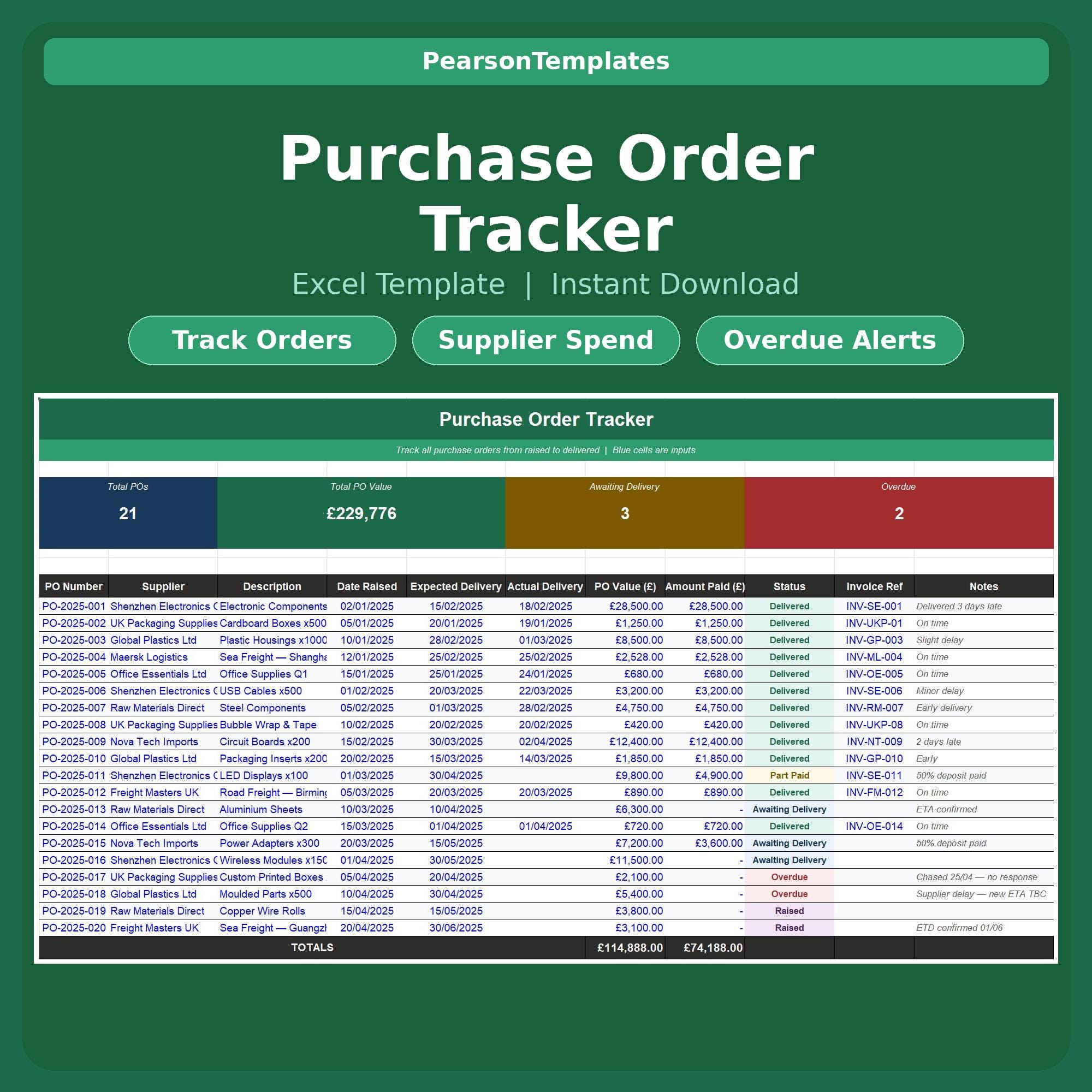 Purchase Order Tracker — Excel Spreadsheet Template | Track Pos ...