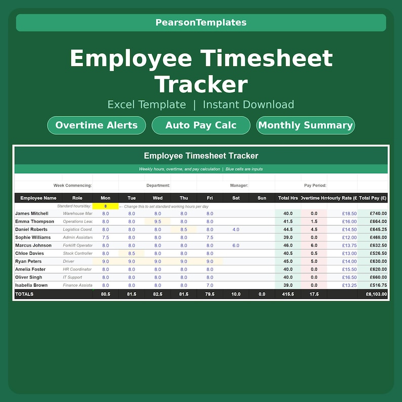 Employee Timesheet Tracker Excel | Weekly Hours & Payroll Spreadsheet ...