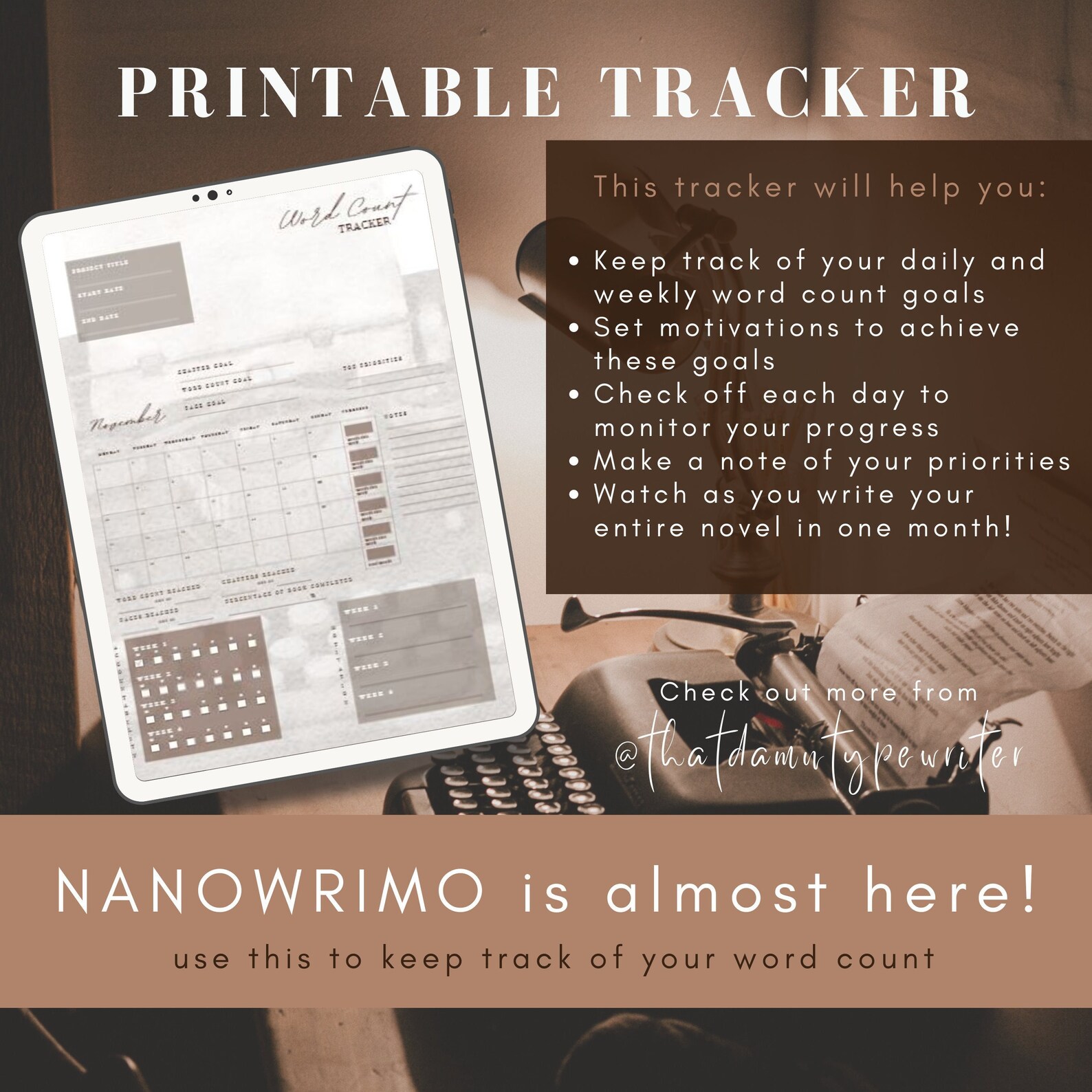 Printable Nanowrimo Word Count Tracker | Downloadable Planner | Novel ...