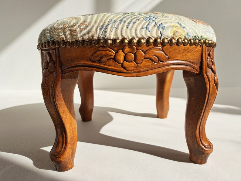Adorable French Small Wooden Vintage Foot Stool With Embroidered Floral ...