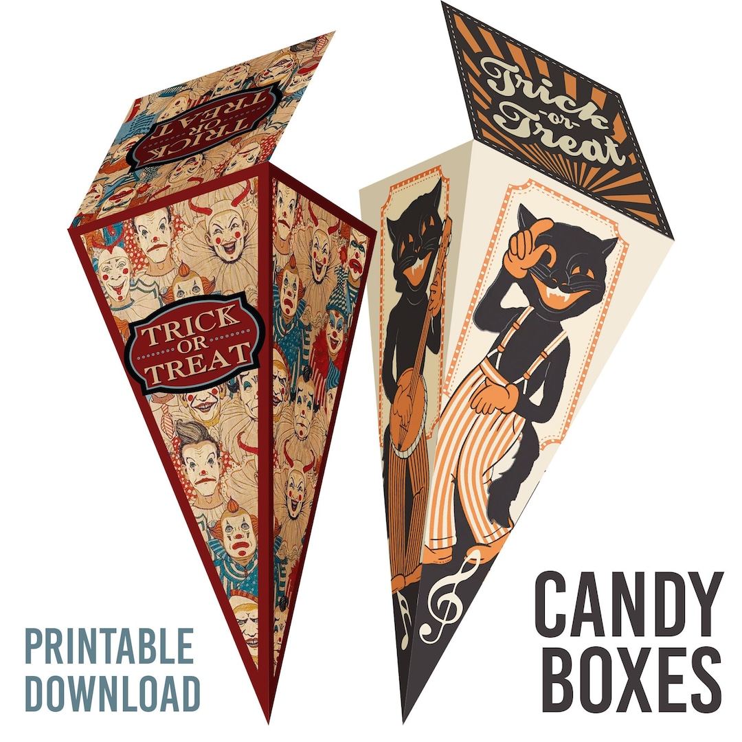 Halloween Candy Boxes: Vintage Black Cat Band & Creepy Clown ...