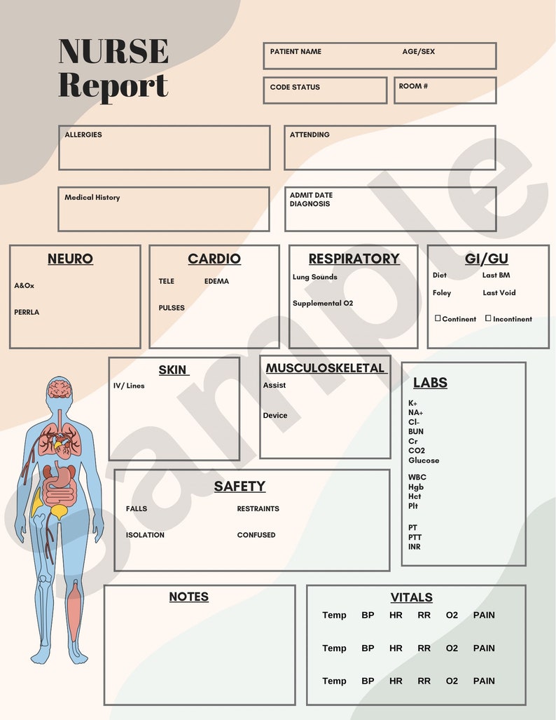 Nurse Report Sheet, RN Report, Change of Shift, Nursing, LPN Report ...