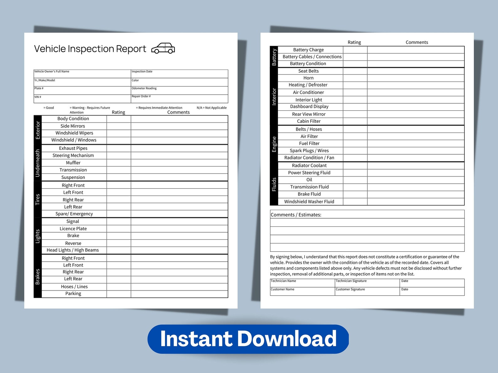 Vehicle Inspection Report Form: Printable Checklist (PDF Digital ...