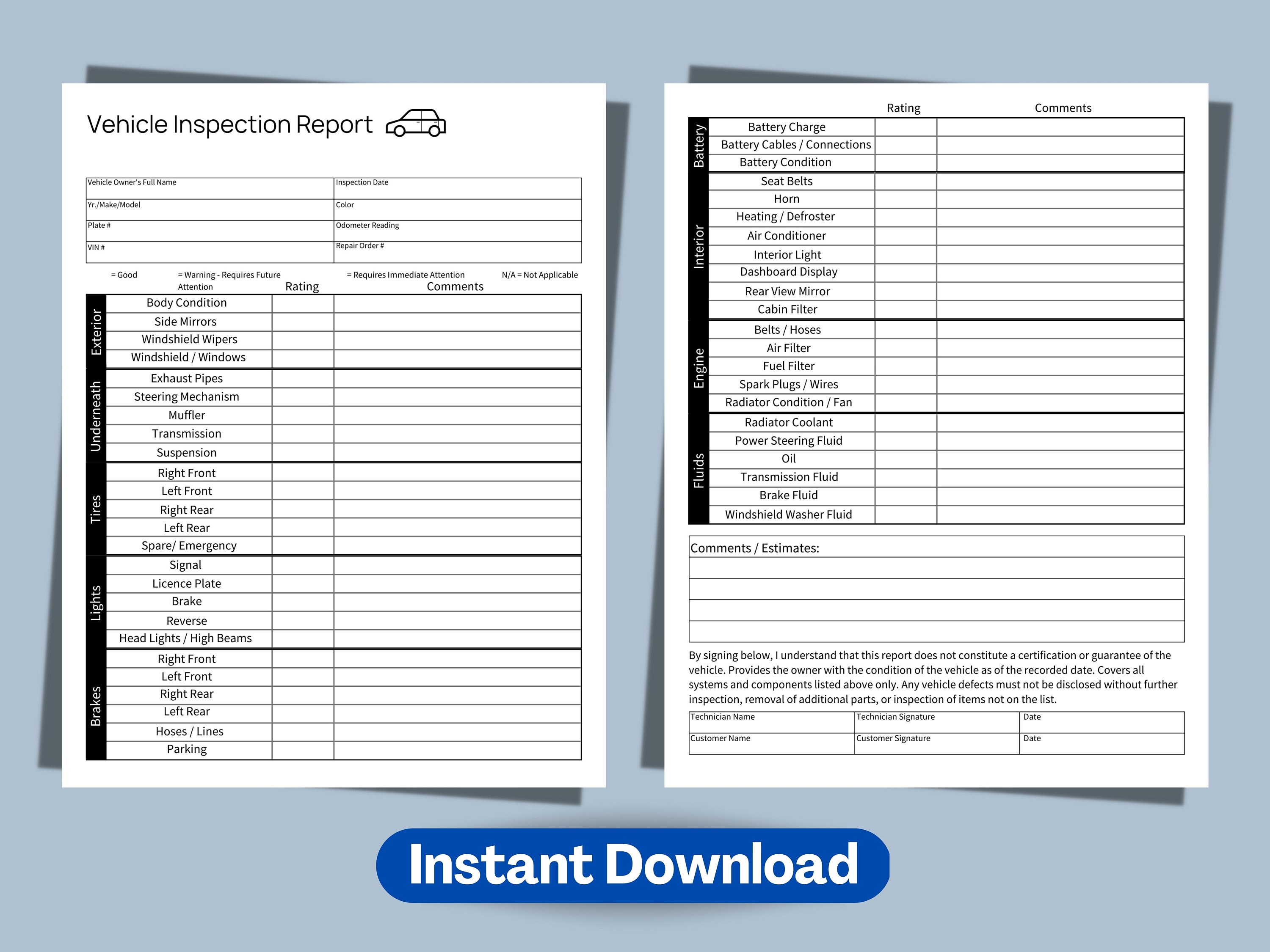 Vehicle Inspection Report Form: Printable Checklist (PDF Digital ...