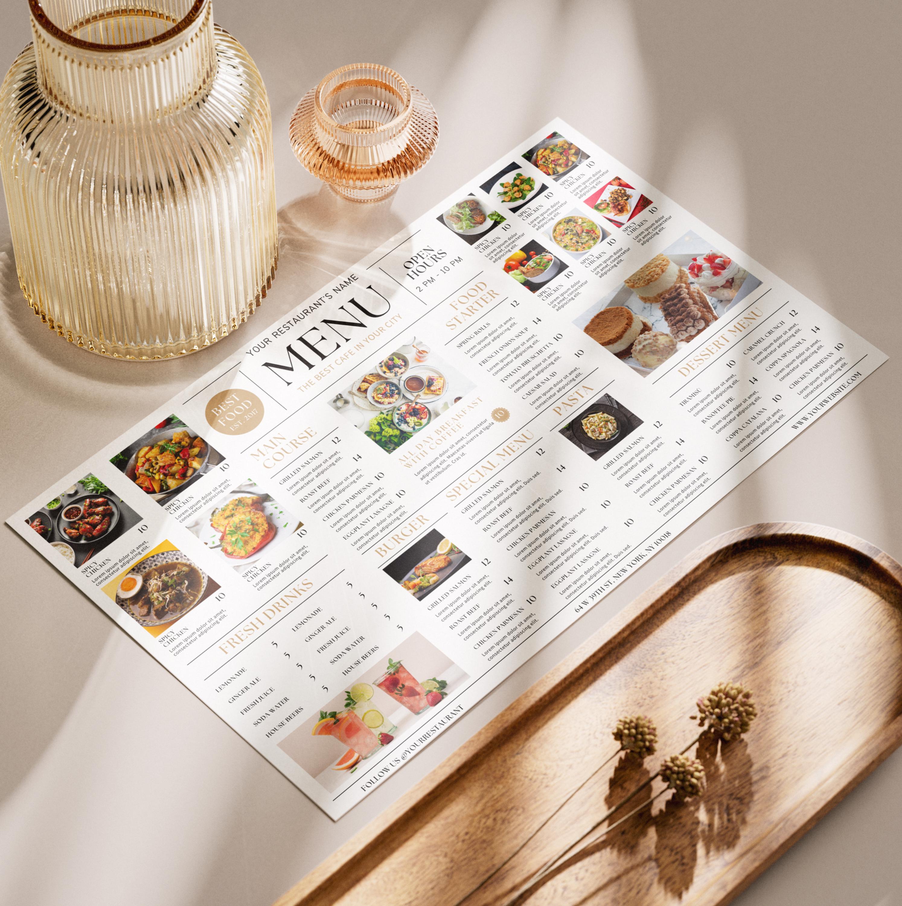 Elegant Restaurant Menu Template: Customizable Fine Dining Design (14x8 ...