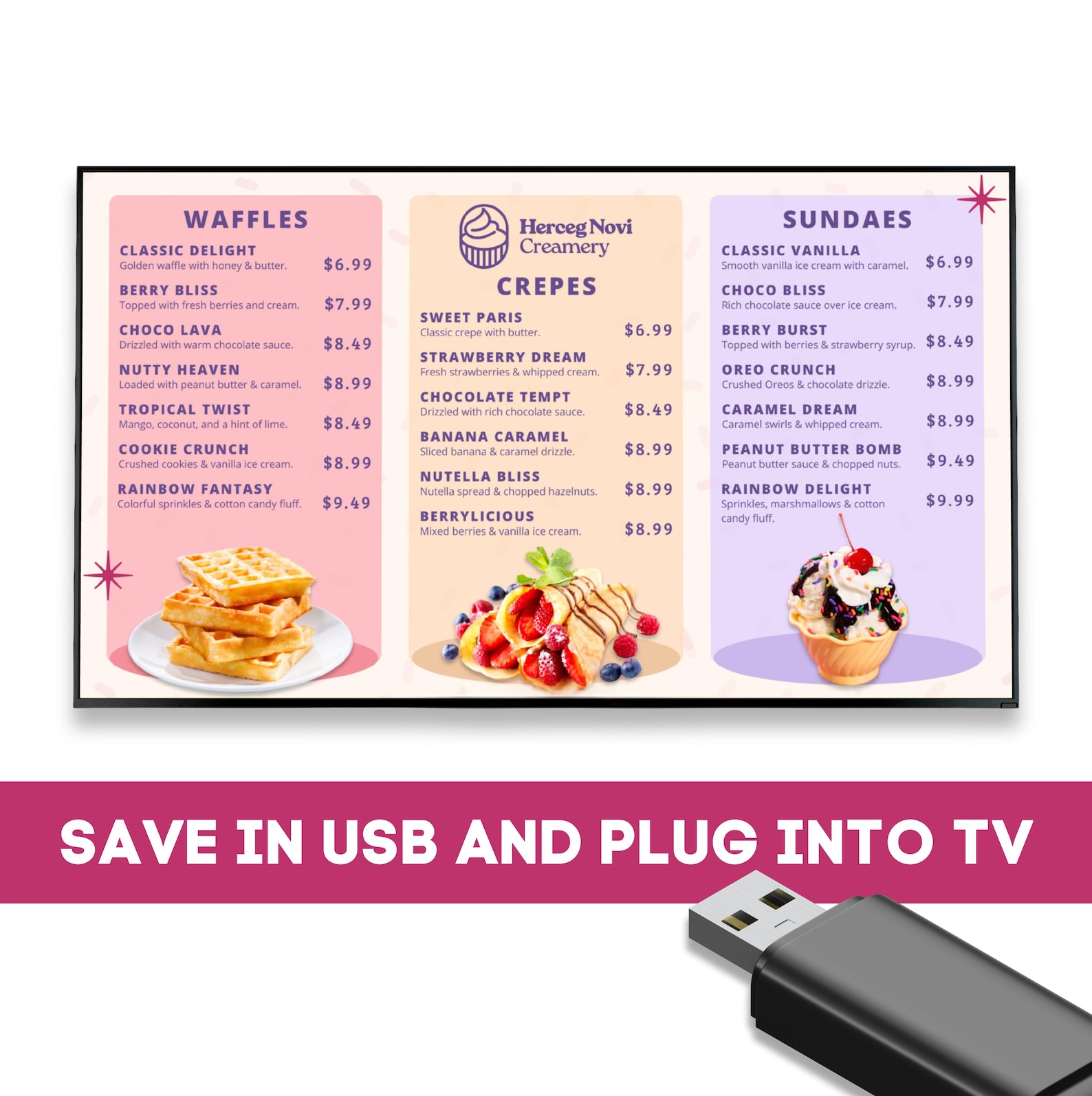 Pink Dessert Menu Board for Ice Cream & Waffle Shop | Digital TV Screen ...