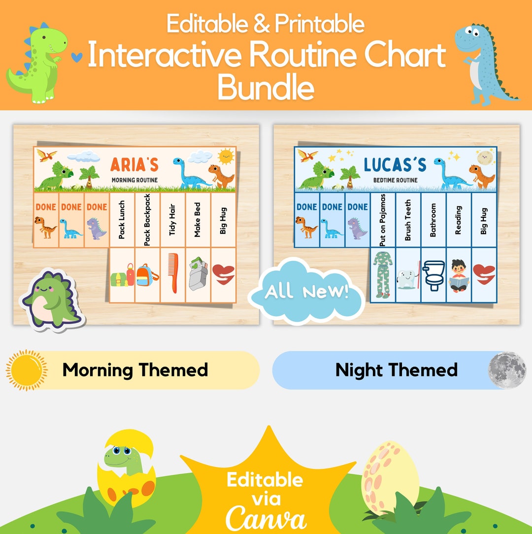 Morning & Bedtime Routine Chart • Printable Dinosaur Themed Flip Chart ...