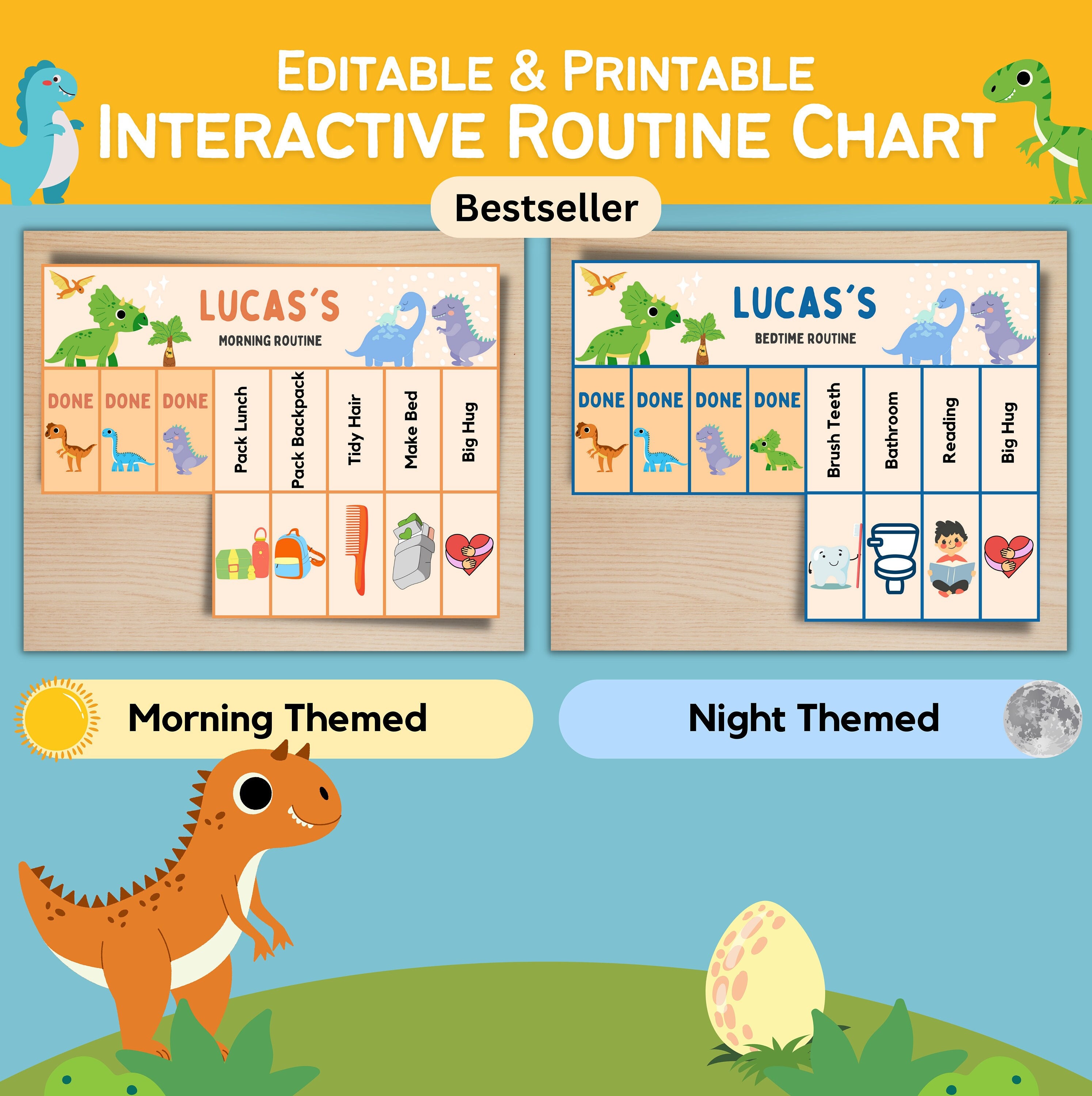Morning & Bedtime Routine Chart Printable Dinosaur Themed - Etsy