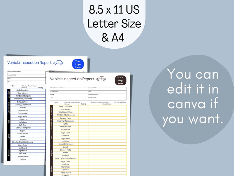 Vehicle Inspection Report Form: Printable Checklist (PDF Digital ...