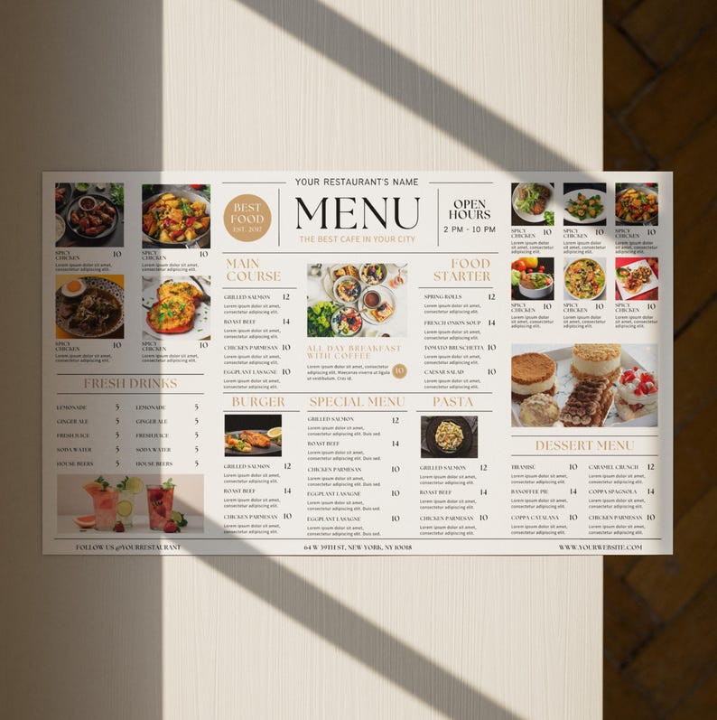Elegant Restaurant Menu Template: Customizable Fine Dining Design (14x8 ...