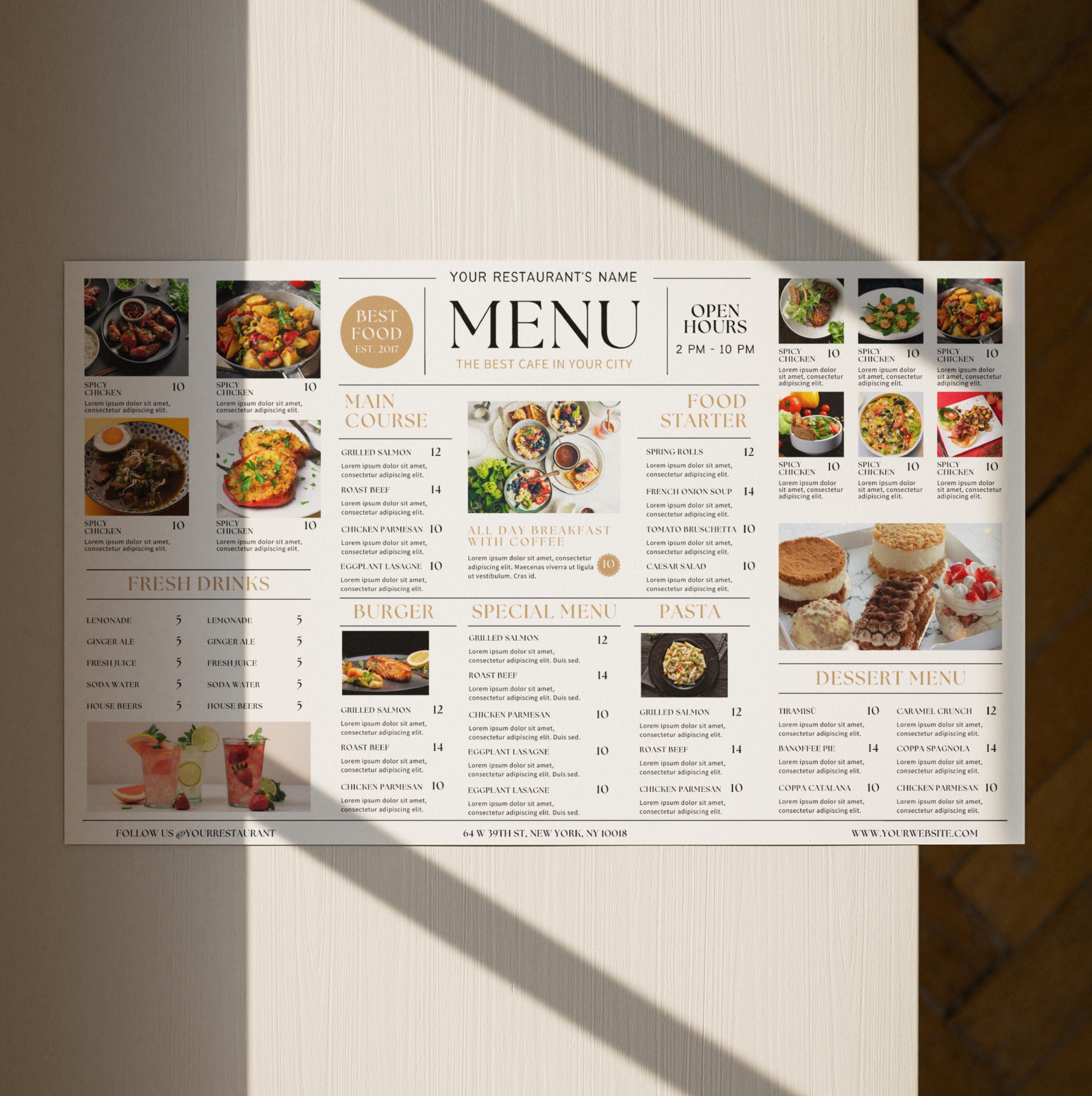 Elegant Restaurant Menu Template: Customizable Fine Dining Design (14x8 ...